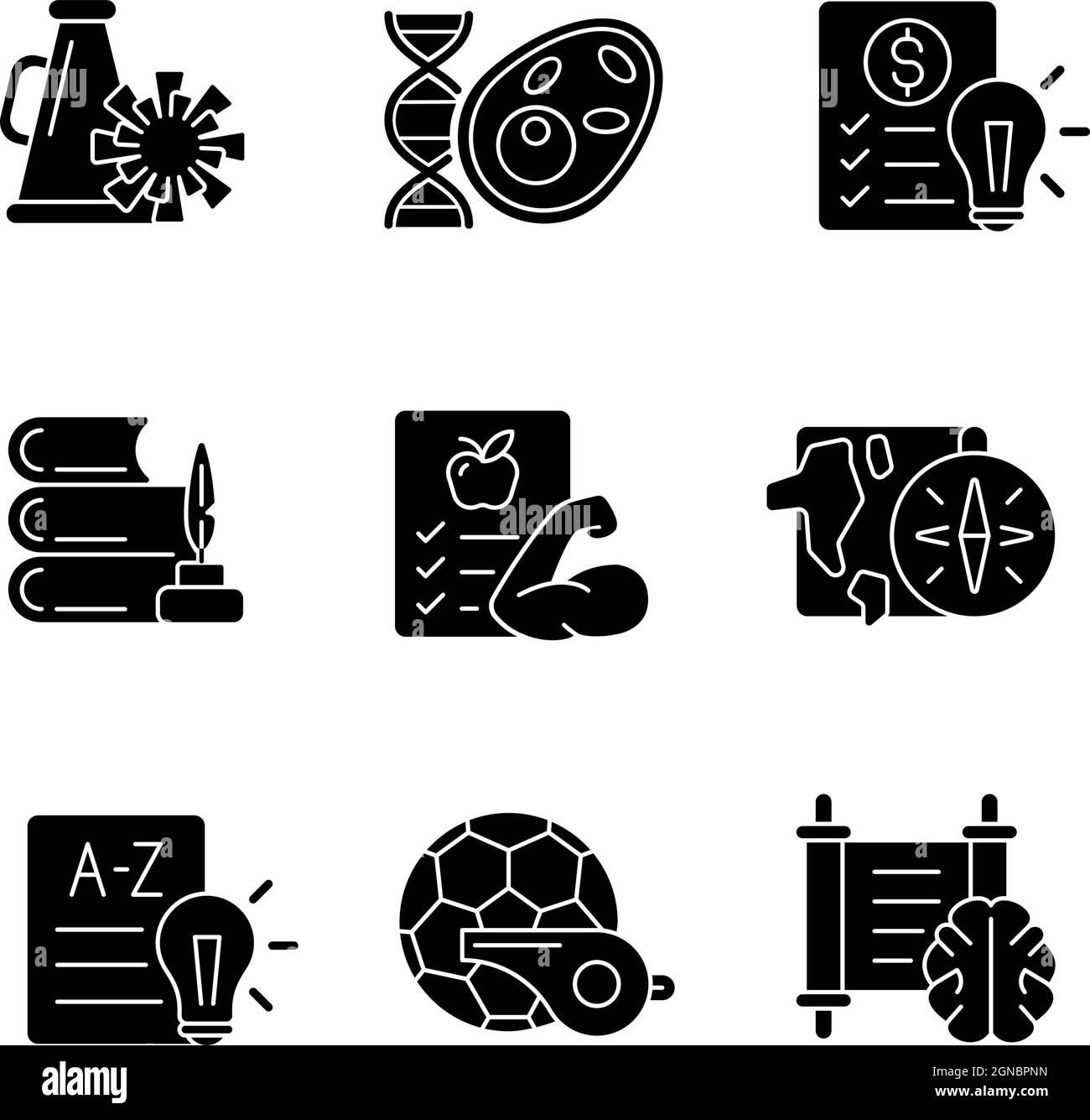 Various school subjects black glyph icons set on white space Stock ...