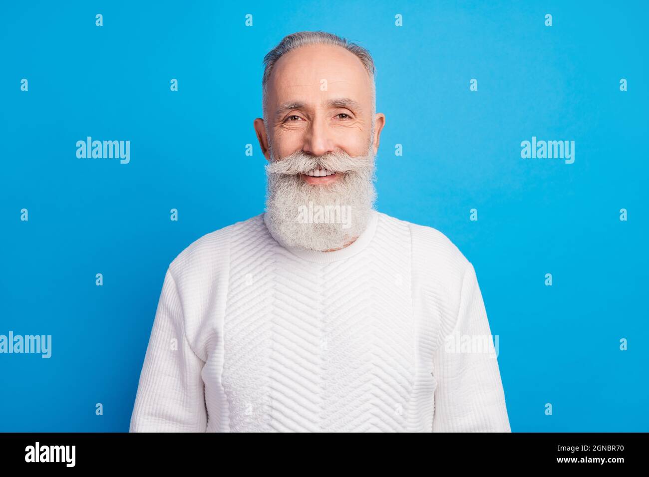 Photo of cheerful aged man beaming smile look camera wear sweater ...