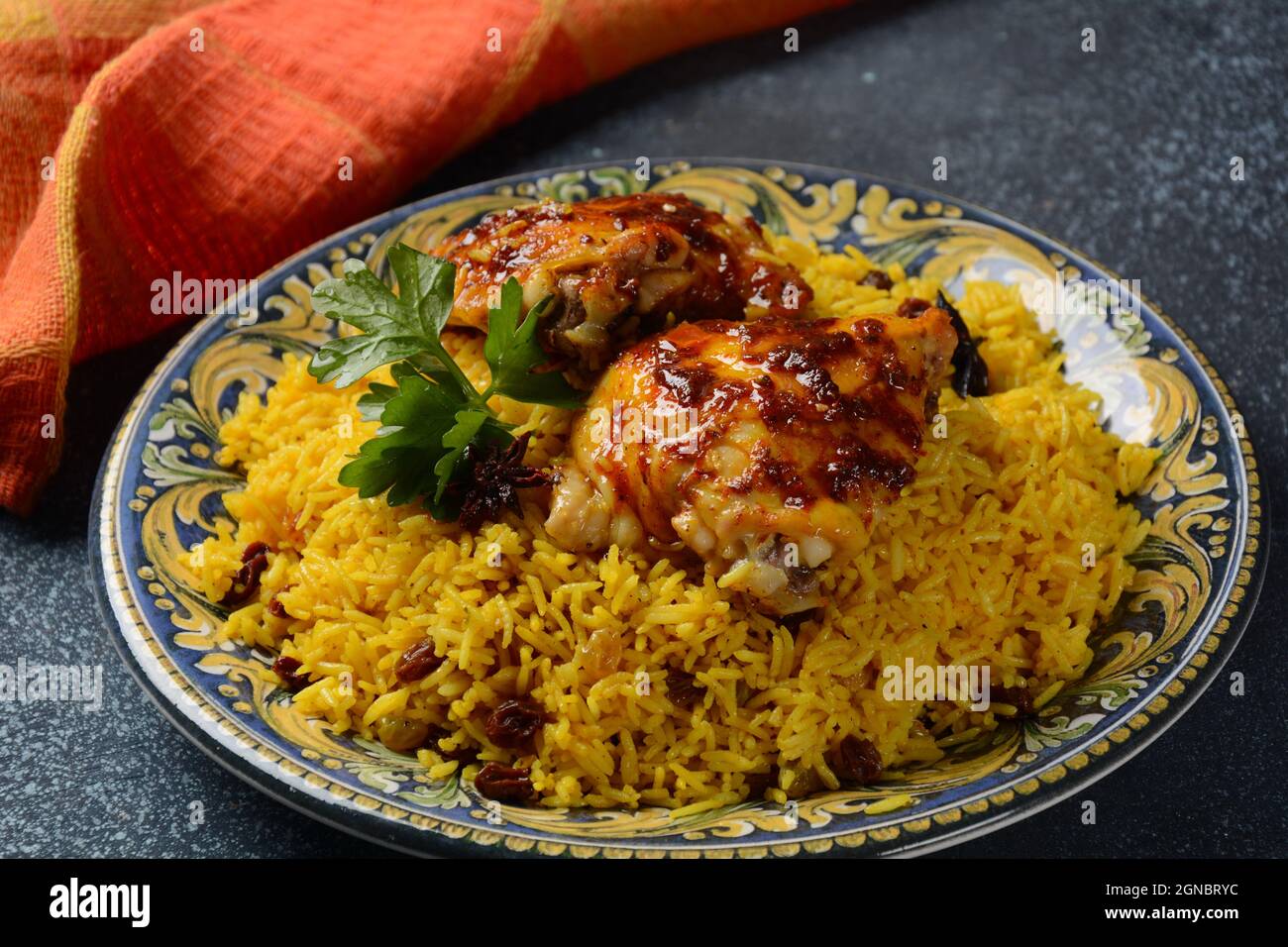 The national Saudi Arabian dish chicken kabsa with roasted chicken ...