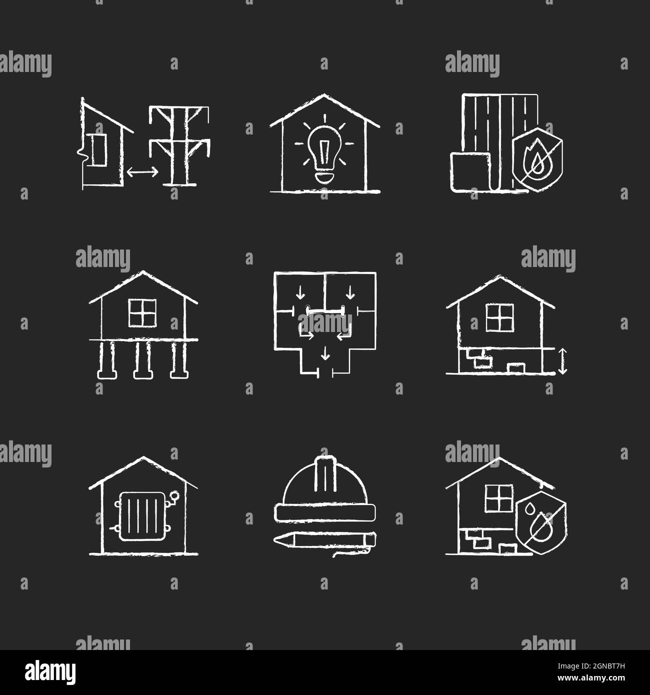 Building safety regulations chalk white icons set on dark background ...