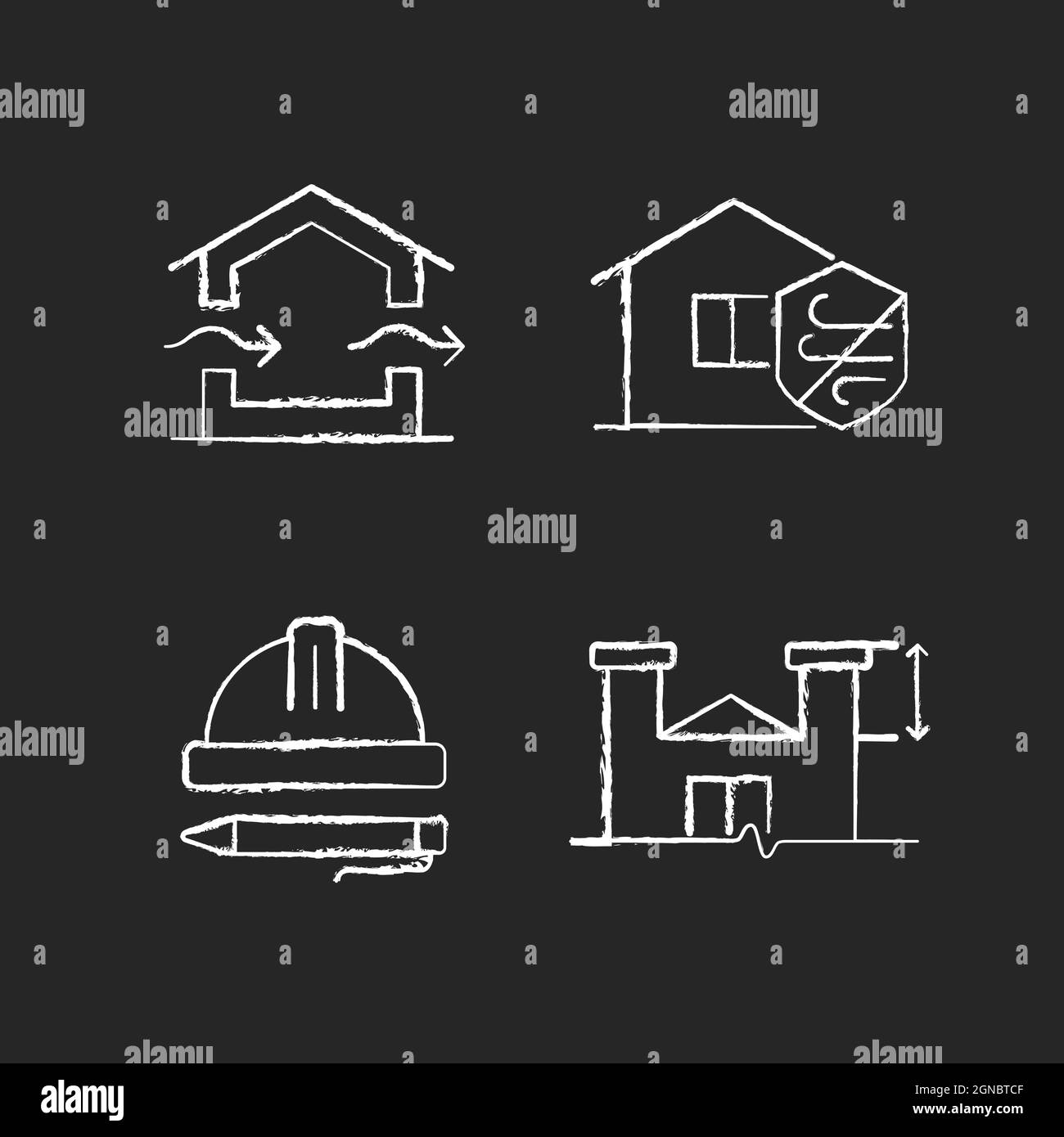 Standards for residential construction chalk white icons set on dark ...