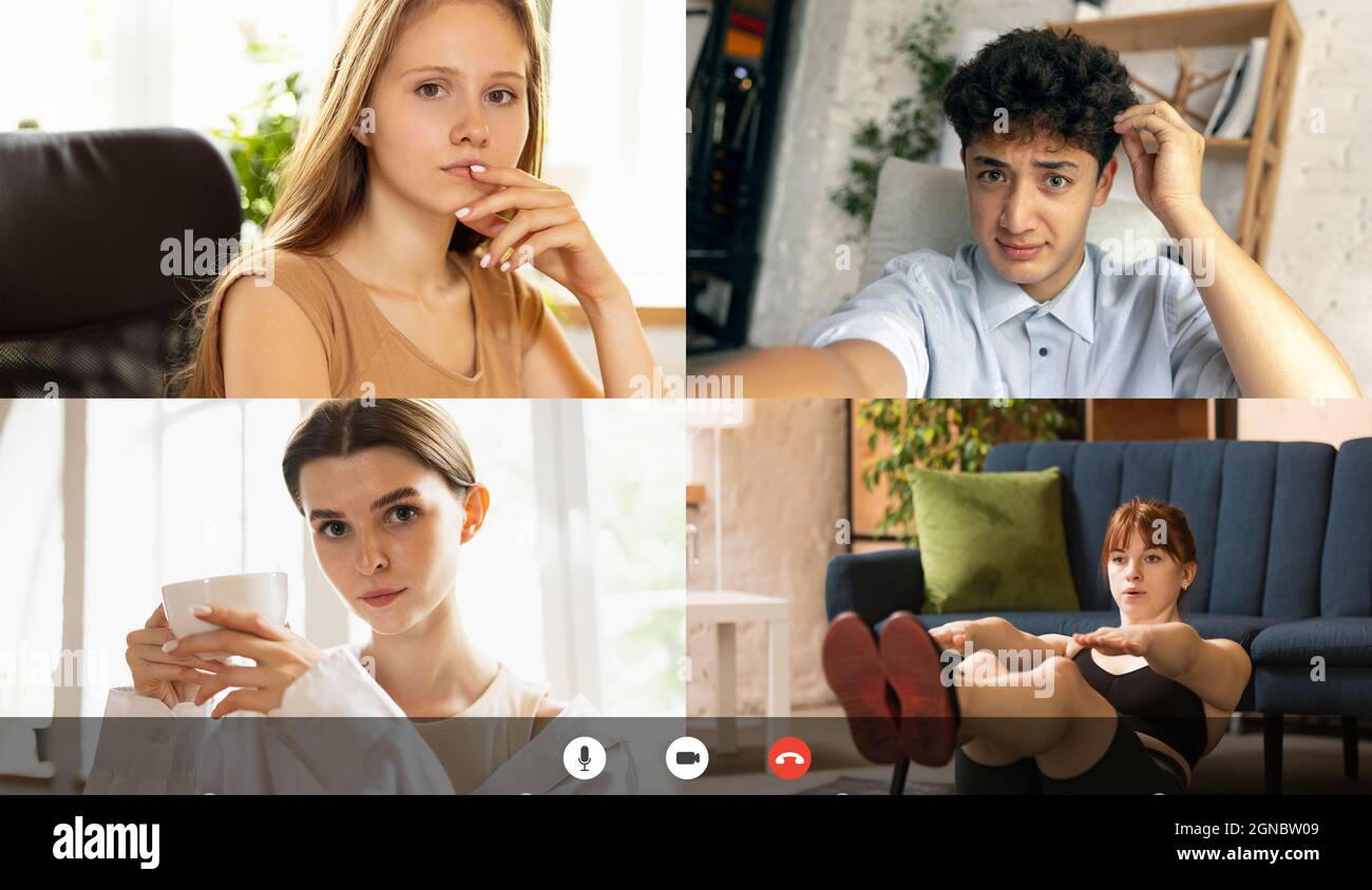 Group of young people, men and women watching online sport trainings ...