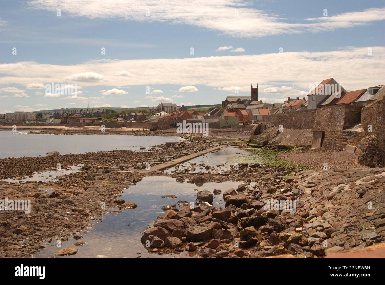 Dunbar, Scotland, sea and shore, rocks, sea wall and town Stock Photo ...