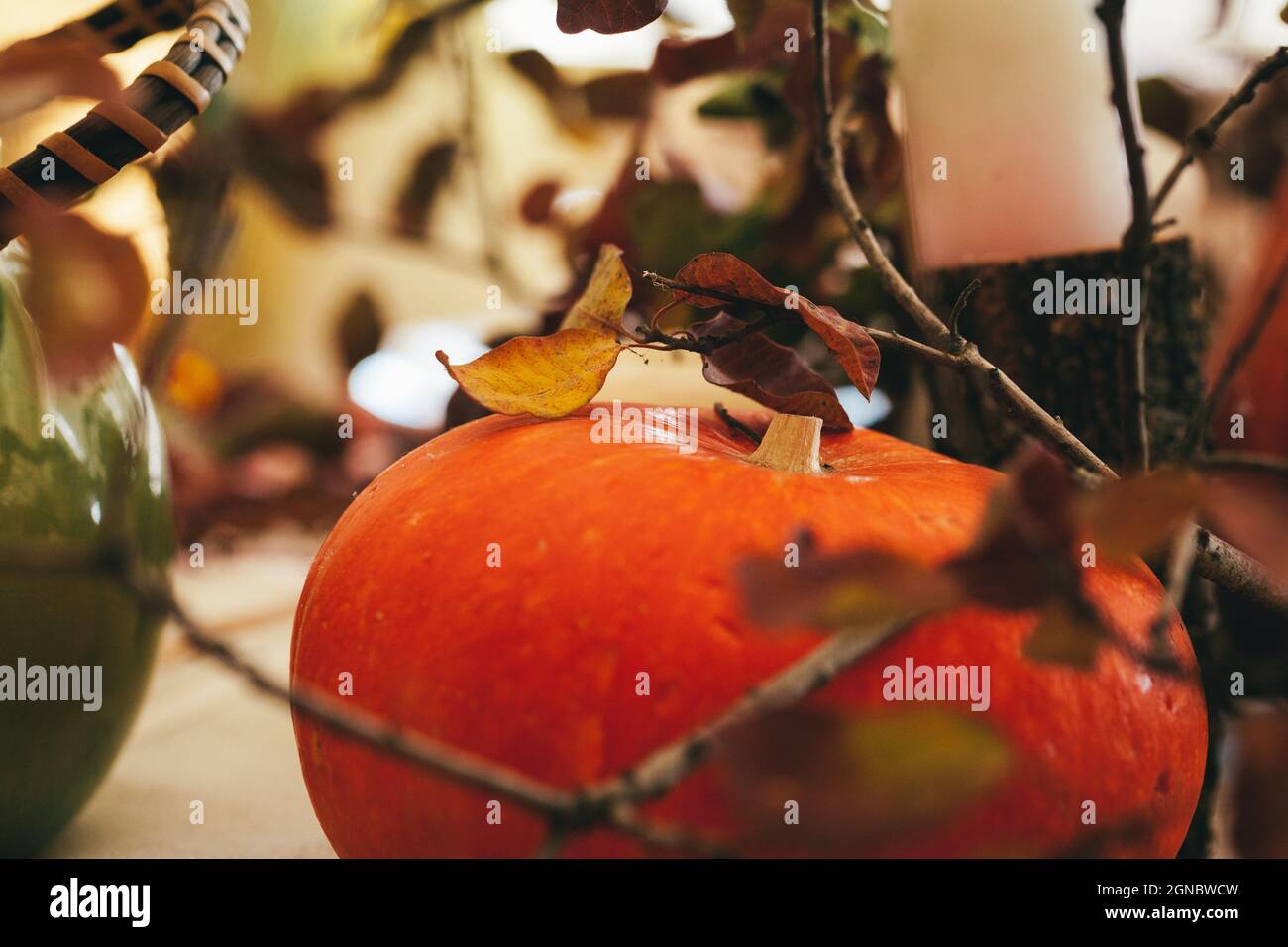 Autumn decor with pumpkin, candles and tableware Stock Photo - Alamy