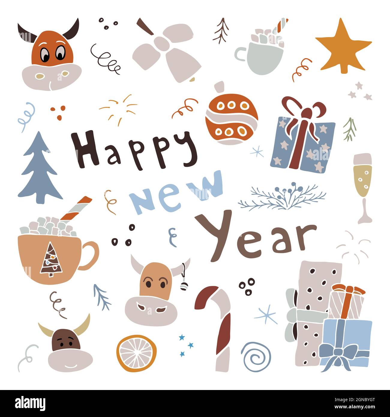 Hand drawn creative new year design set. Doodle style vector ...