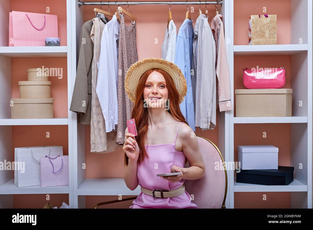 redhead woman do online Shopping, ordering delivery using smartphone ...