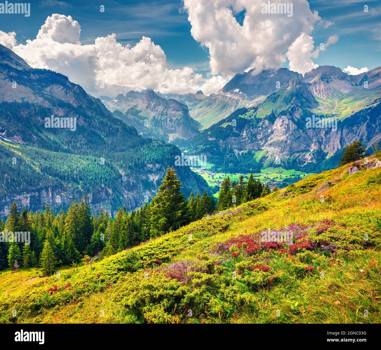 Sunny summer view of the Kandersteg village from the Oeschinen Lake ...