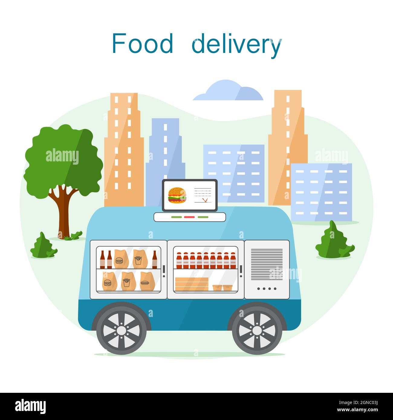 Vector illustration Fast food online order for delivery by self-driving ...