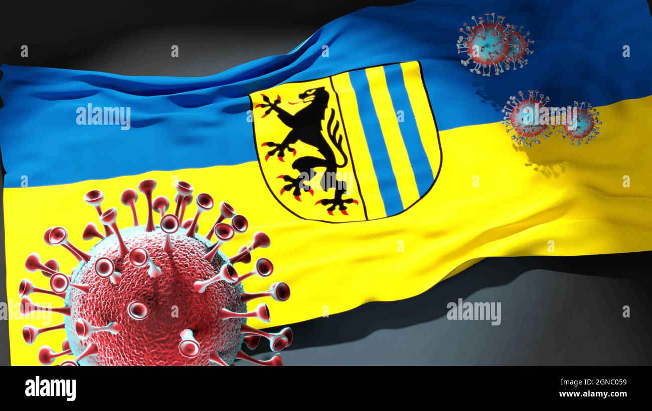 Covid in Leipzig - coronavirus attacking a city flag of Leipzig as a ...