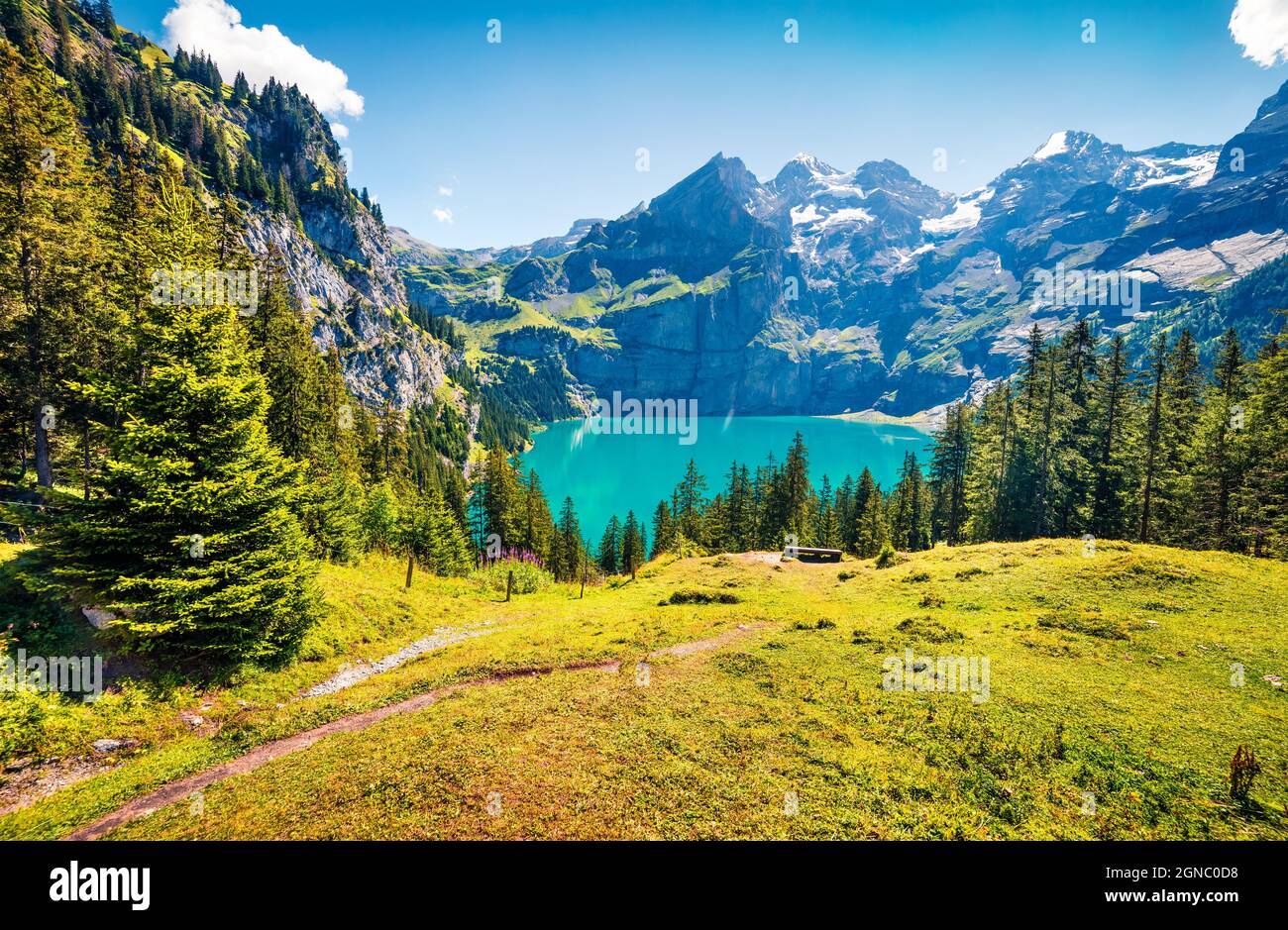 Colorful summer morning on the unique Oeschinensee Lake. Splendid ...