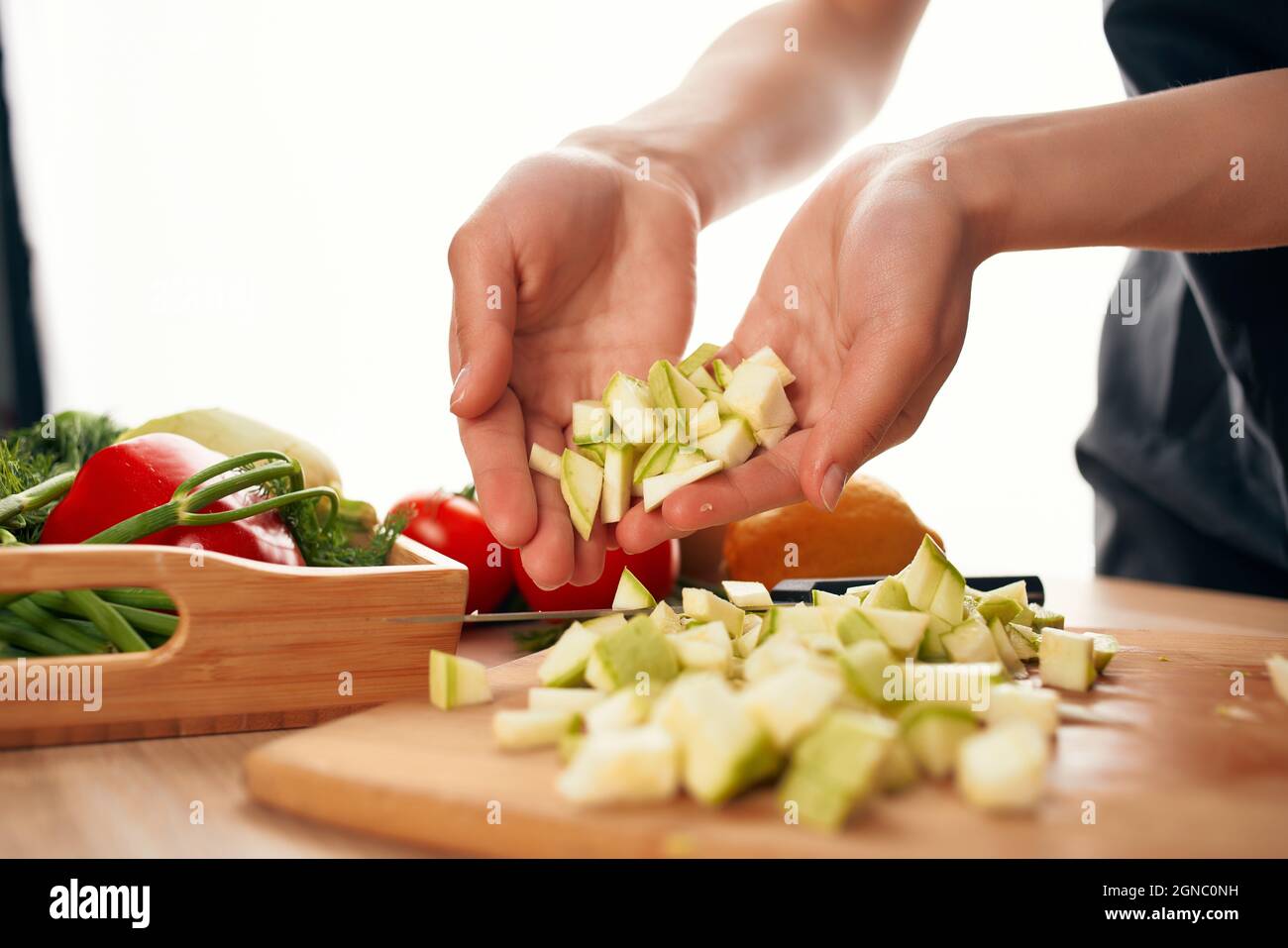 slicing fresh vegetables ingredients for salad healthy food in the ...