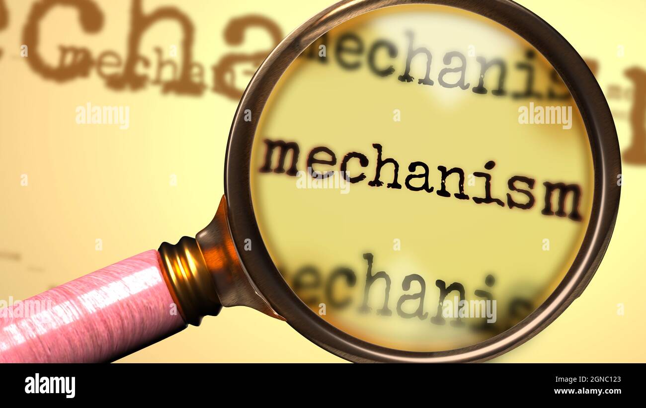 Mechanism and a magnifying glass on English word Mechanism to symbolize ...