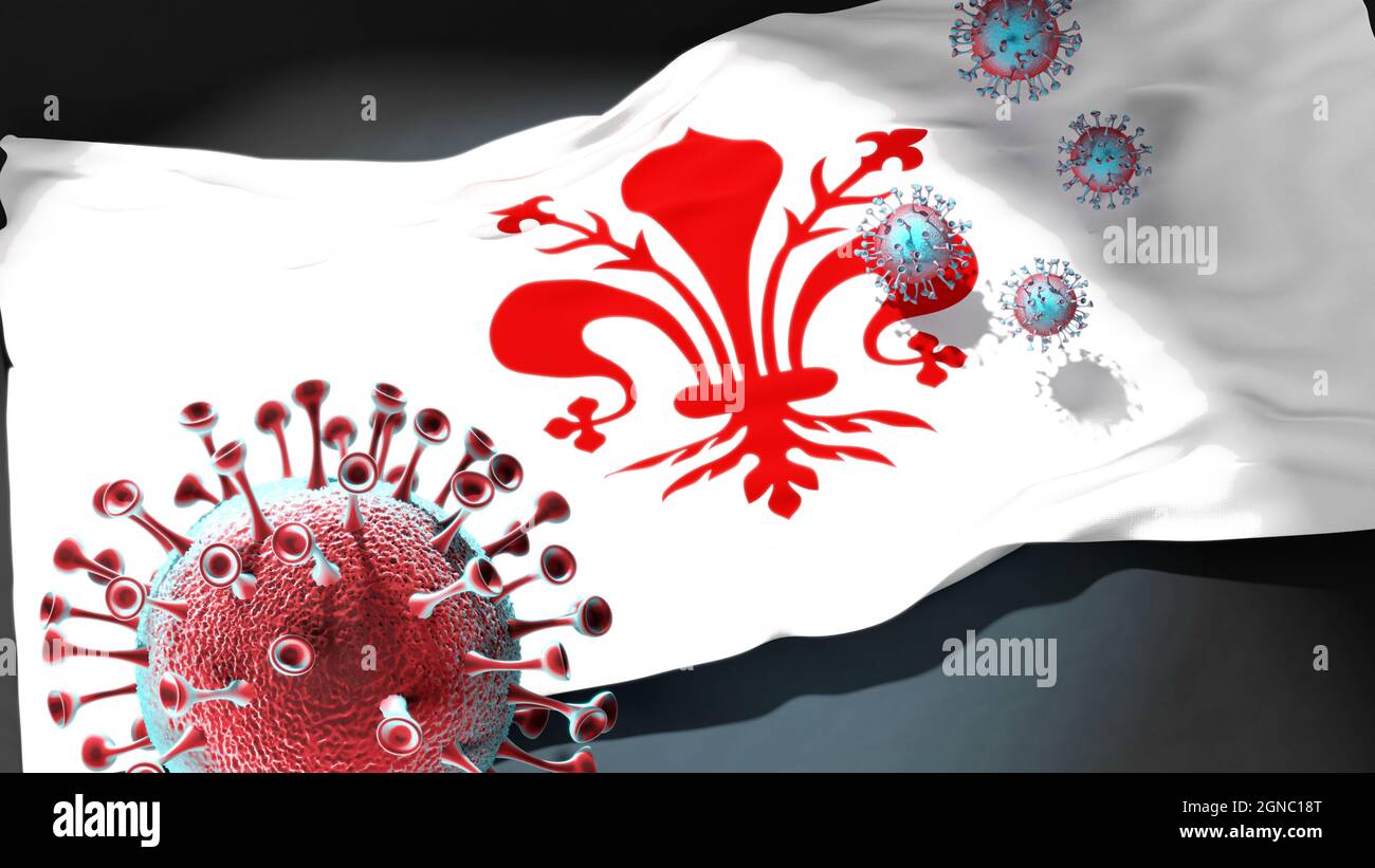 Covid in Florence - coronavirus attacking a city flag of Florence as a ...