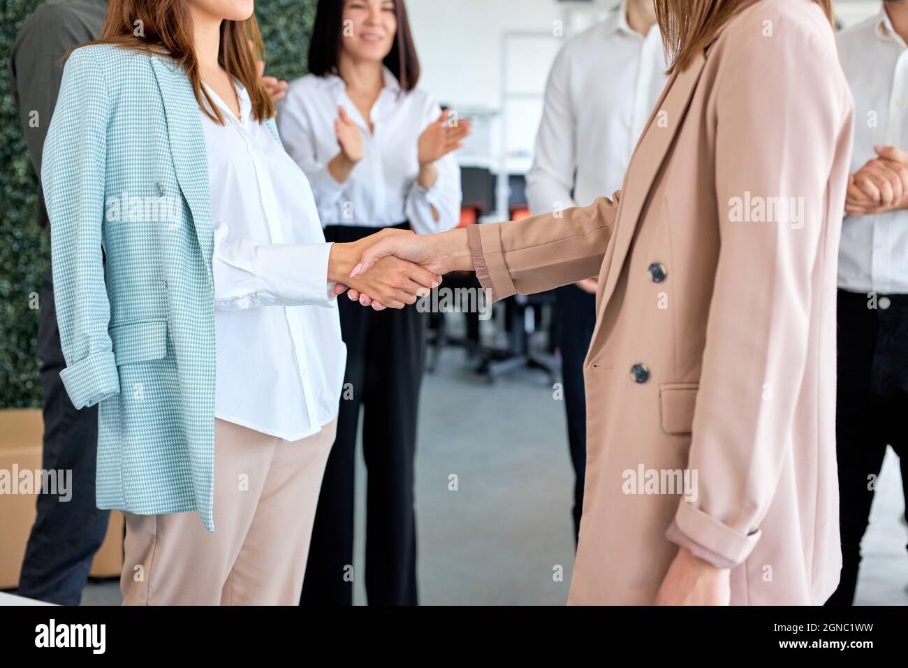 Young Two Cropped Business Ladies In Formal Wear Shaking Hands ...