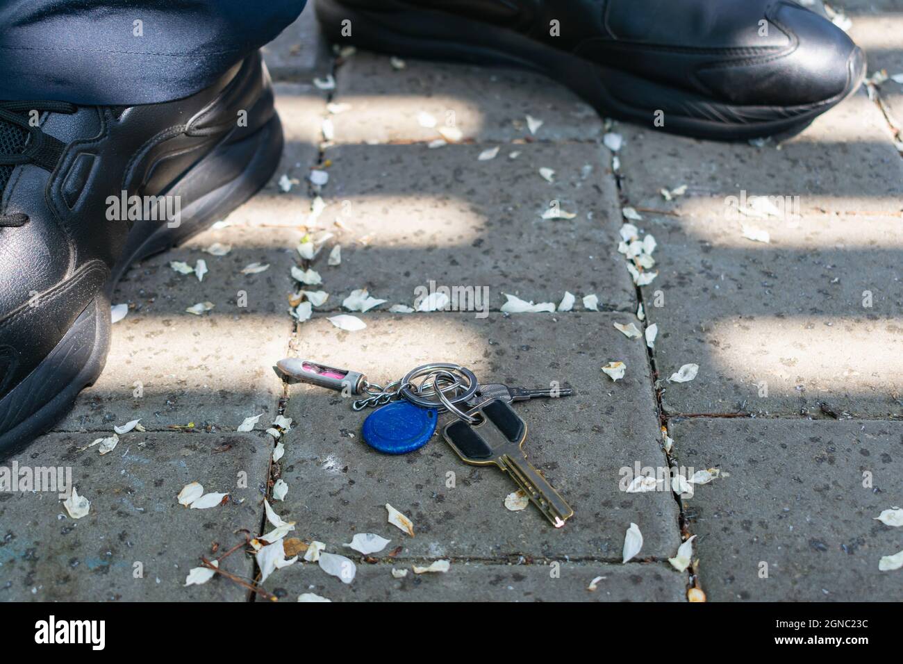 A bunch of keys lying on the sidewalk under the feet of passers-by ...