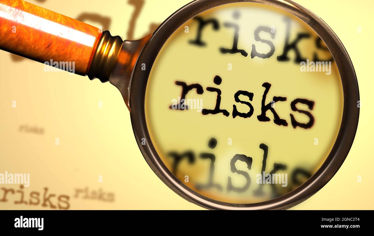 Risks - abstract concept and a magnifying glass enlarging English word ...