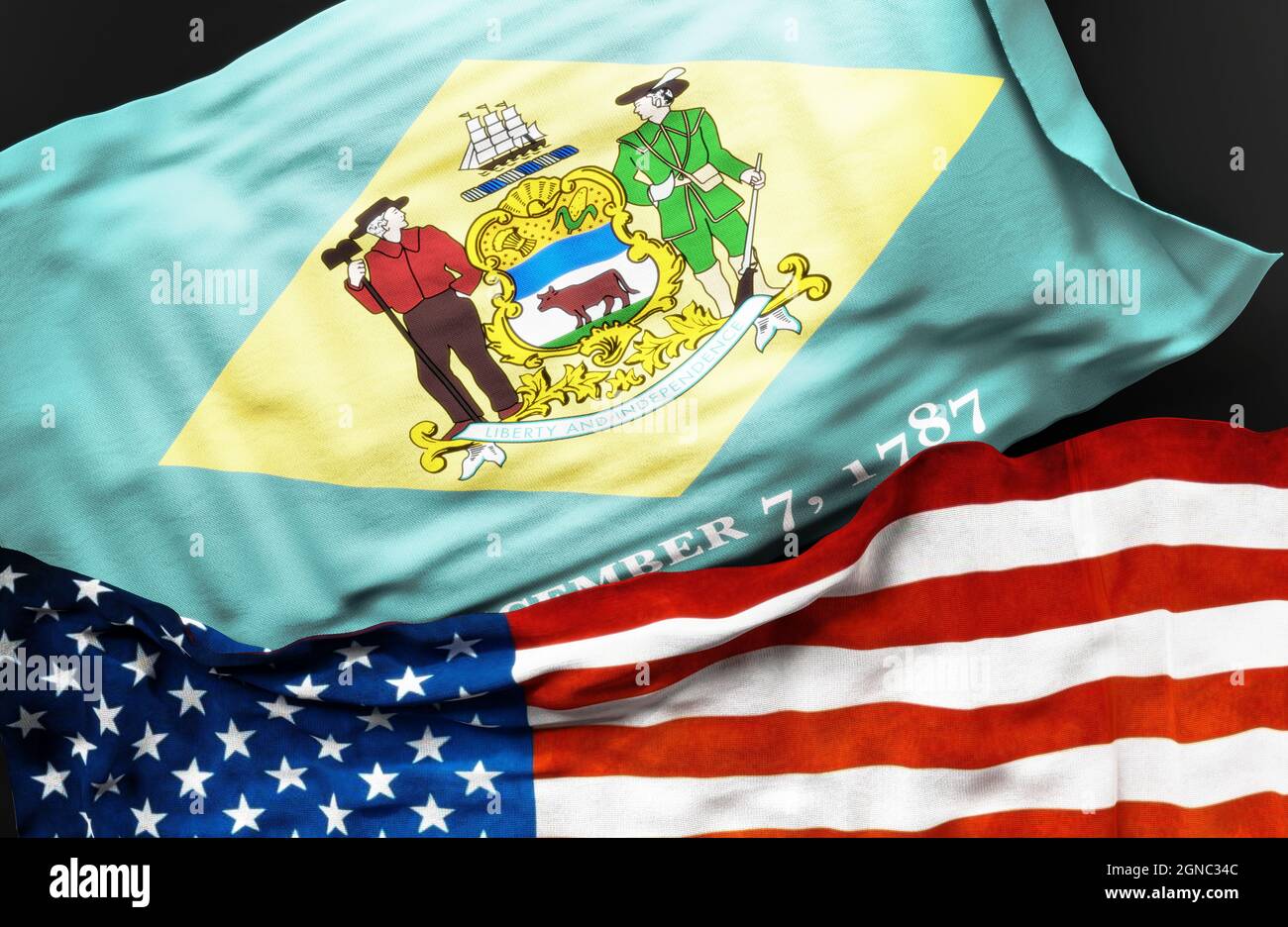 Flag of Delaware along with a flag of the United States of America as a ...