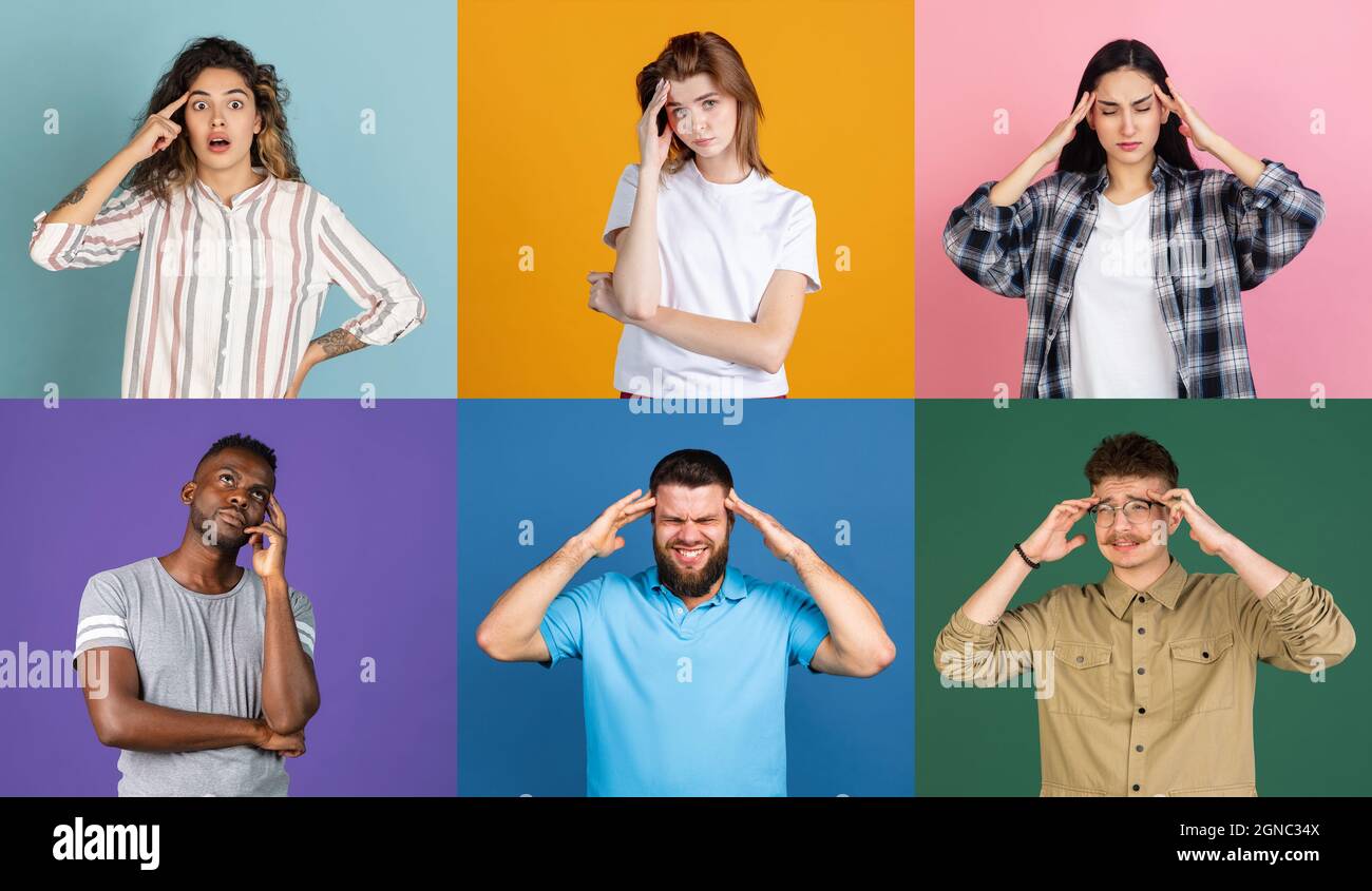 Collage of group of multiethnic young people on multicolored background ...