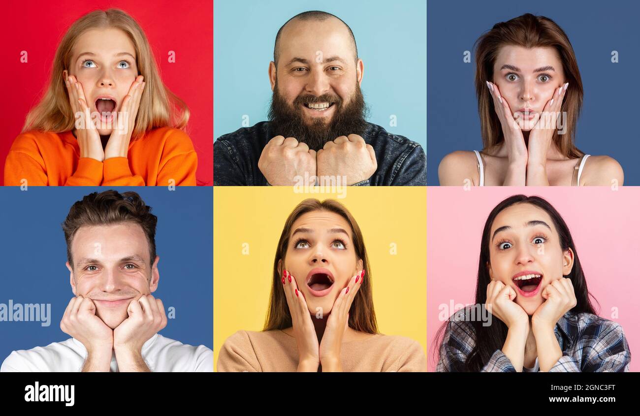 Portraits of group of multiethnic young people on multicolored ...