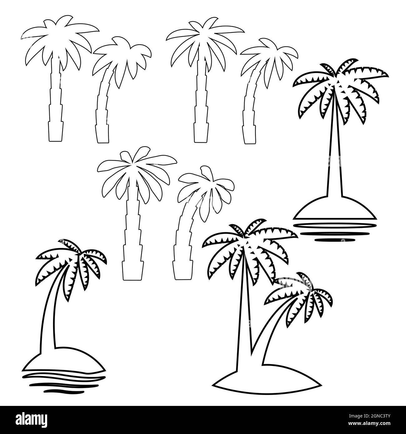 Graphical palm tree set, linear style, isolated objects Stock Vector ...