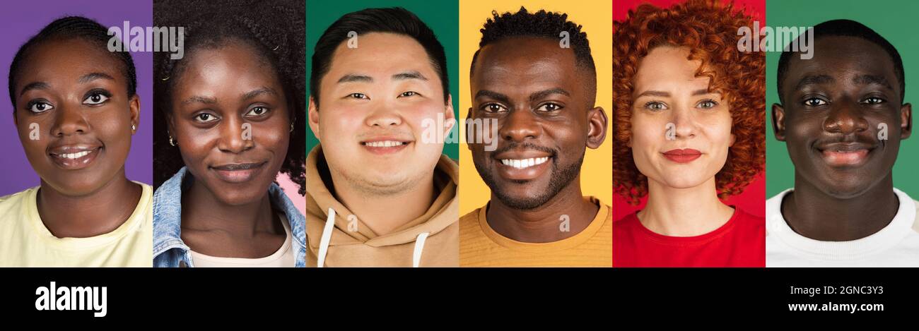 Close-up portraits of group of multiethnic young people looking at ...