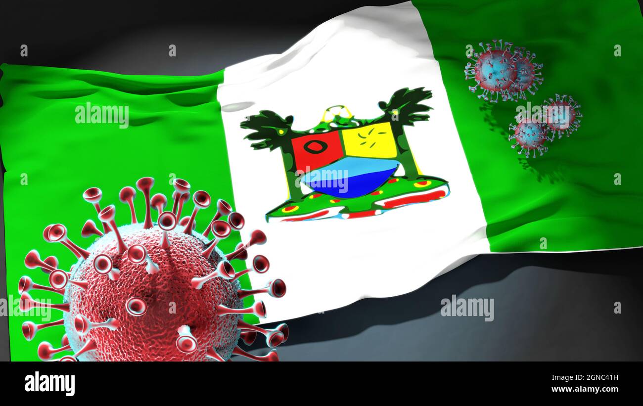 Covid in Lagos - coronavirus attacking a city flag of Lagos as a symbol ...
