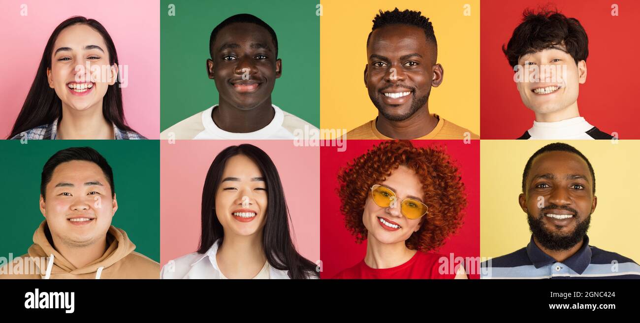 Portraits of group of multiethnic young people on multicolored ...