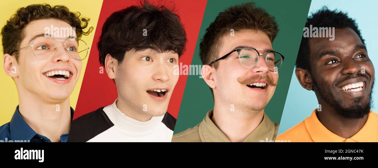 Collage of group of multiethnic young men with smiles on multicolored ...