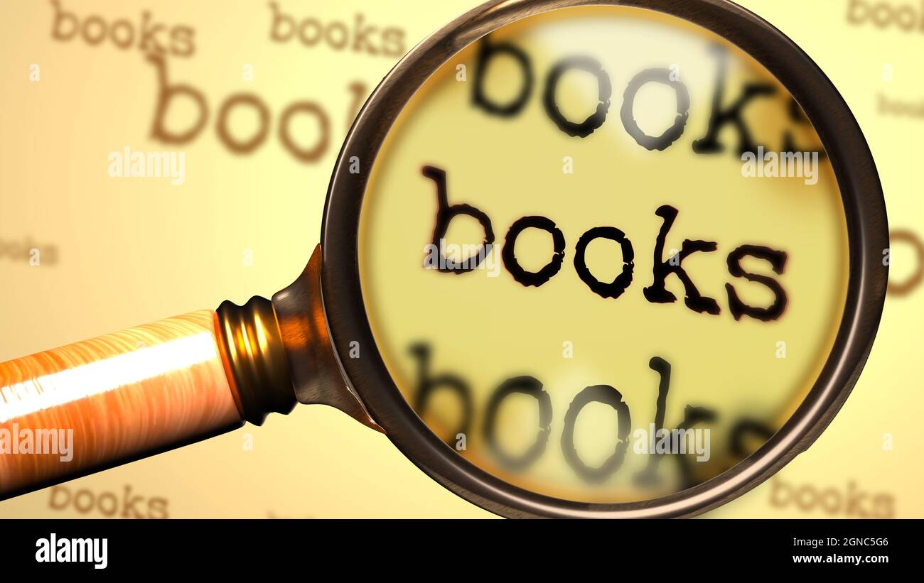 Books - abstract concept and a magnifying glass enlarging English word ...