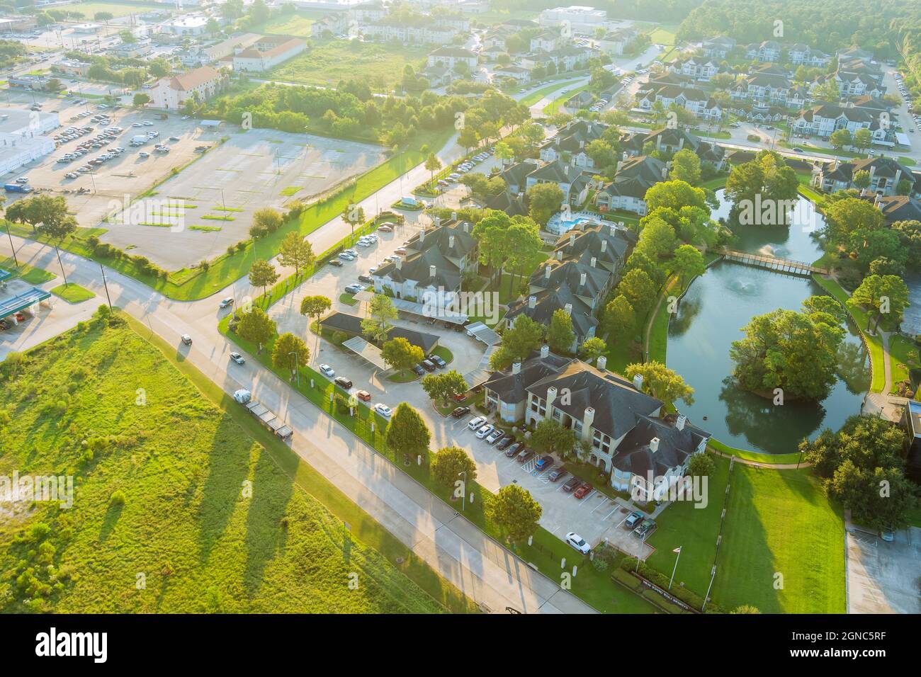 Houston , Texas aerial view above the morning sunshine on west side of ...