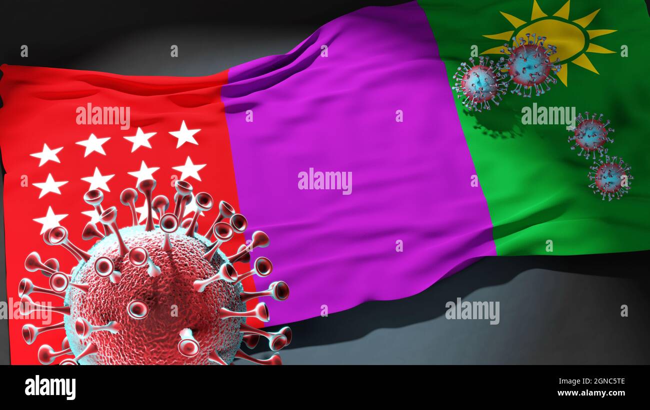 Covid in Jaen Peru - coronavirus attacking a city flag of Jaen Peru as ...