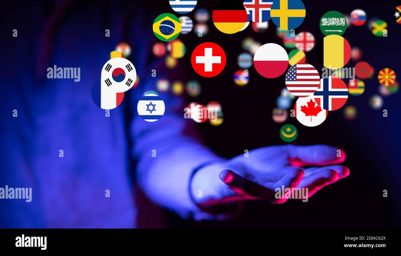 Close up shot of a man's hand under the Globe International World Flags ...