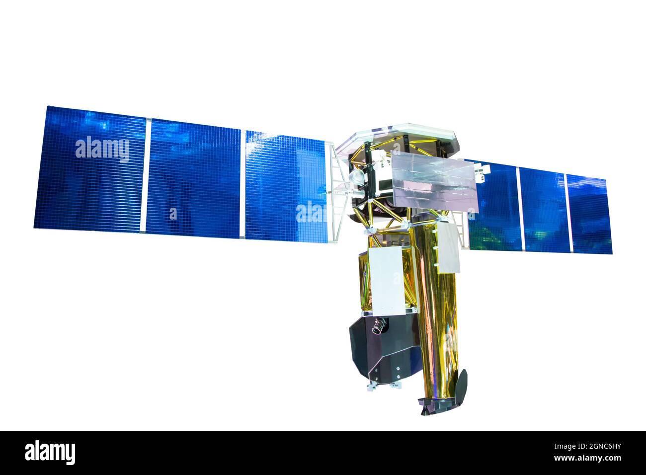Space orbiting satellite with gold plating and blue shiny solar panels ...