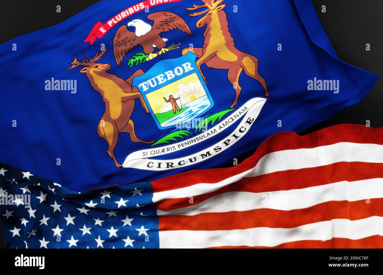 Flag of Michigan along with a flag of the United States of America as a ...