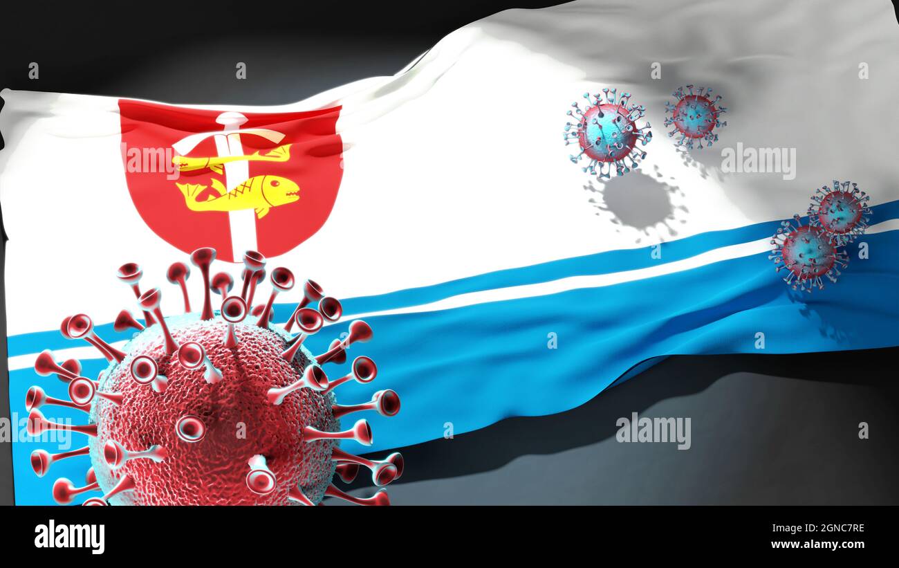 Covid in Gdynia - coronavirus attacking a city flag of Gdynia as a ...