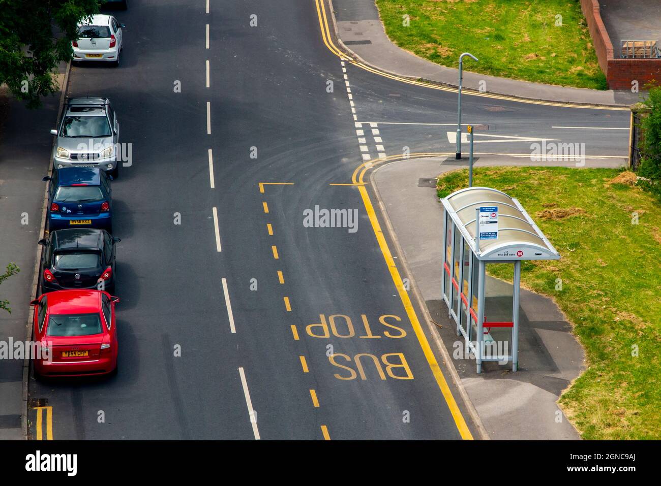 View looking down on a bus stop on a road near Leeds city centre West ...