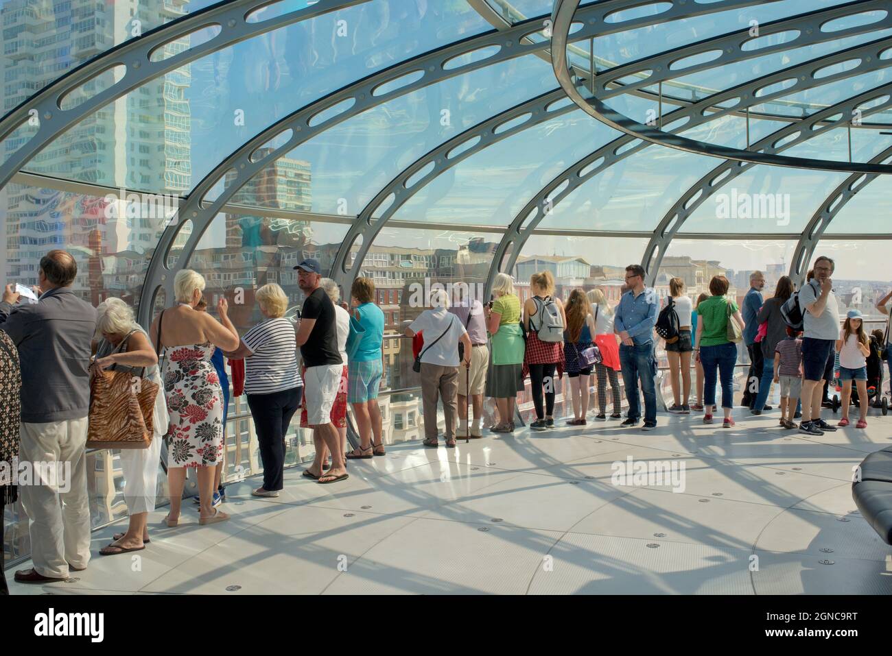 People on board the observation deck of the i360 tower in Brighton ...