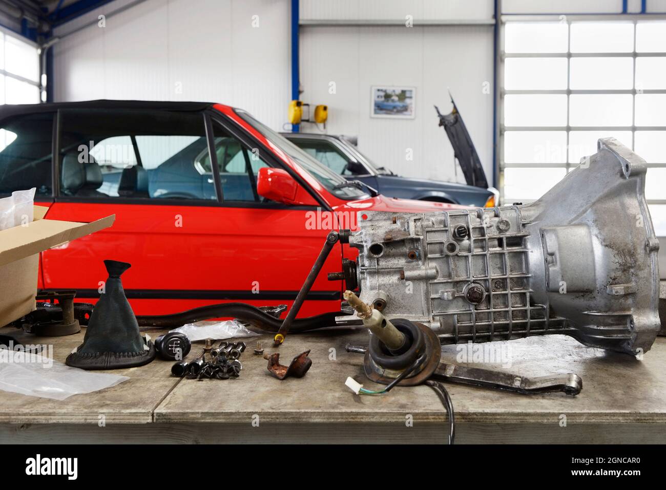 Motor gear shaft from a car engine at an auto repair shop Stock Photo ...