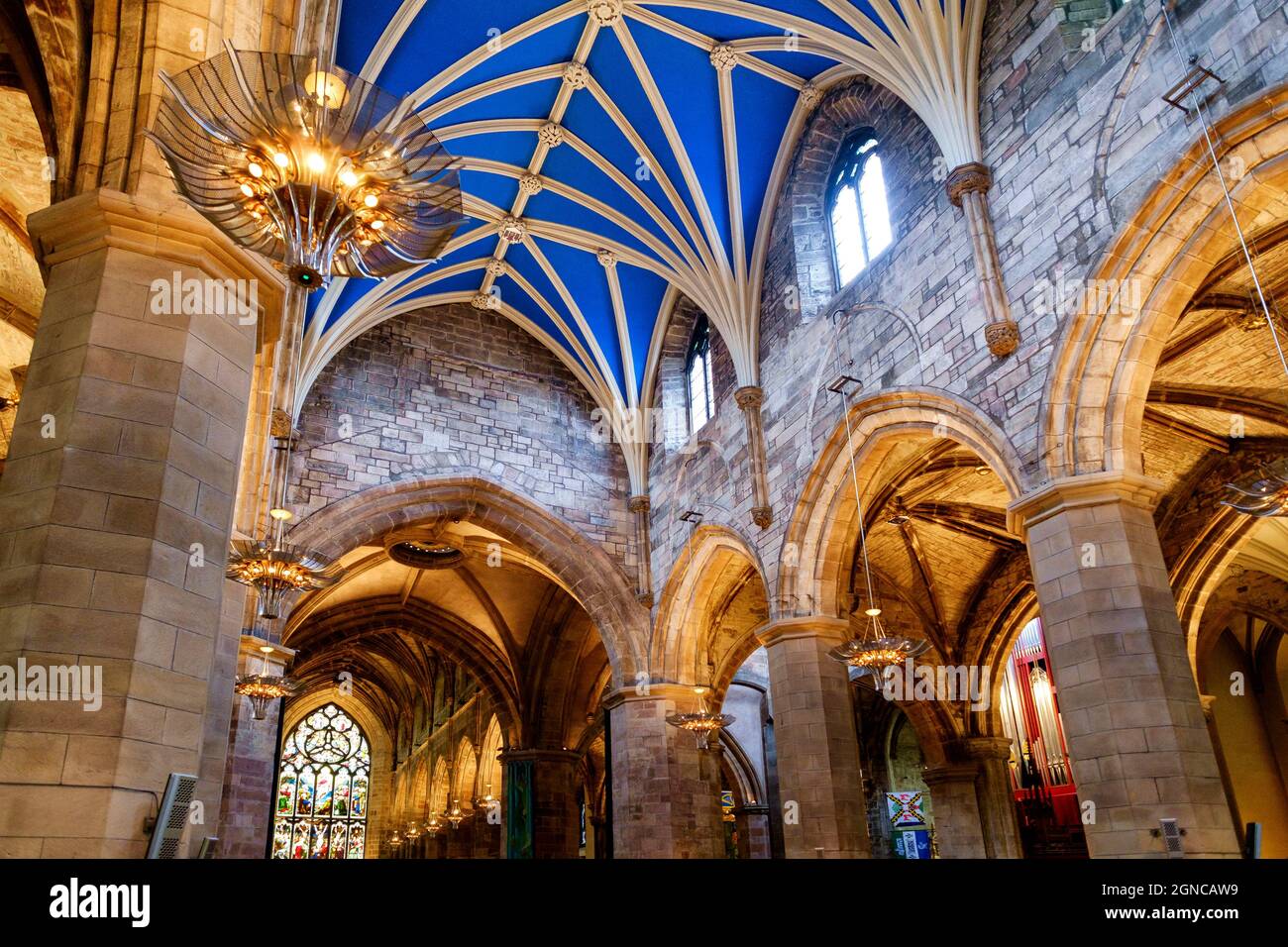 Interior of a church with blue painted vaulted ceiling Stock Photo - Alamy