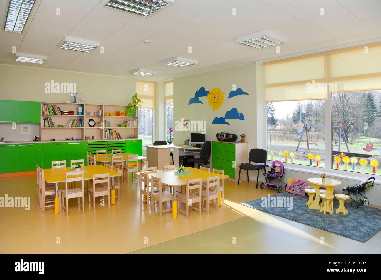 Day care nursery or pre-school kindergarten school, spacious interiors ...