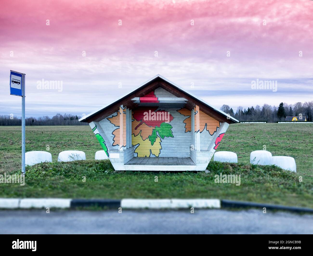 Roadside bus stop in Estonia. Hay baled in white plastic sacks Stock ...