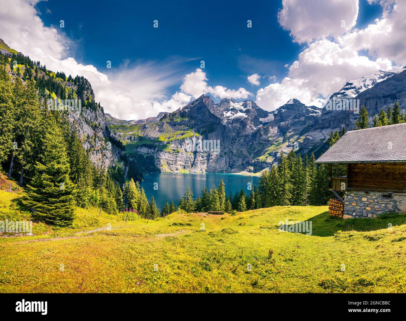 Colorful summer morning on the unique Oeschinensee Lake. Splendid ...
