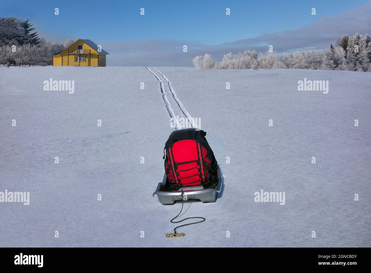 Sled transporting baggage on hilly snowy winter landscape,Estonia Stock ...