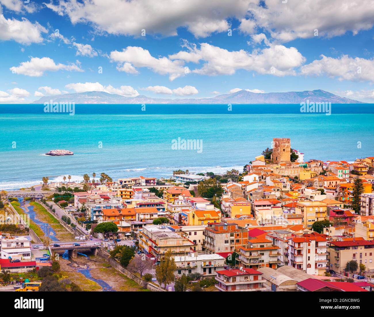 Colorful spring view of Brolo town, Messina. Beautyiful morning scene ...