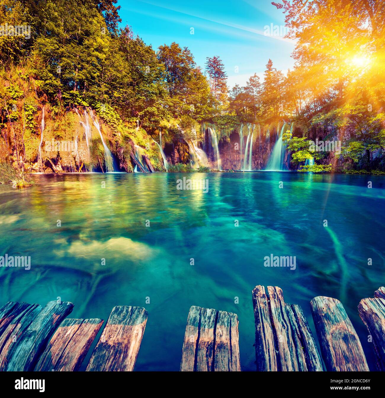 Colorful summer sunrise on Plitvice Lakes National Park. Pure water ...