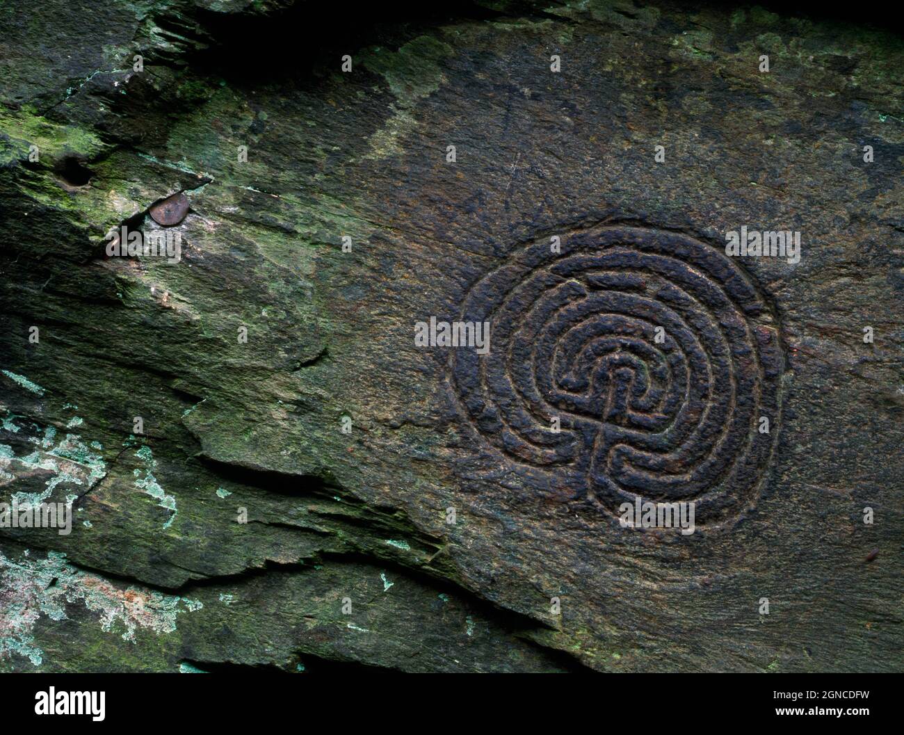 View E of the lower (NE) of two labyrinth carvings on a rock face in ...