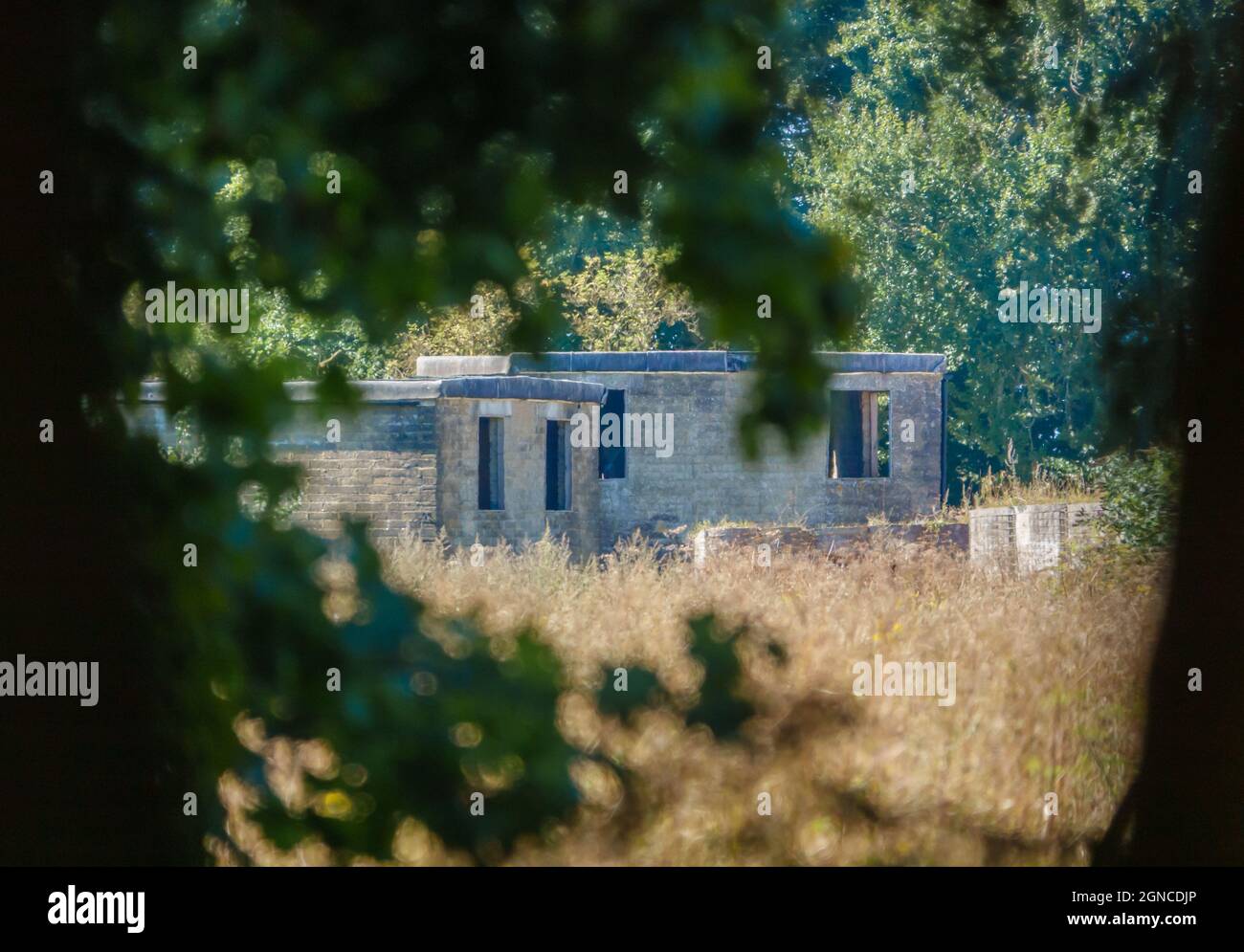 view through trees of British army fortified buildings and structures ...