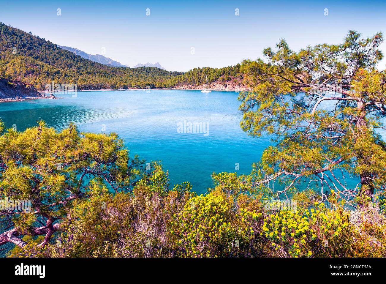 Amazing Mediterranean seascape in Turkey. Bright spring view of a small ...