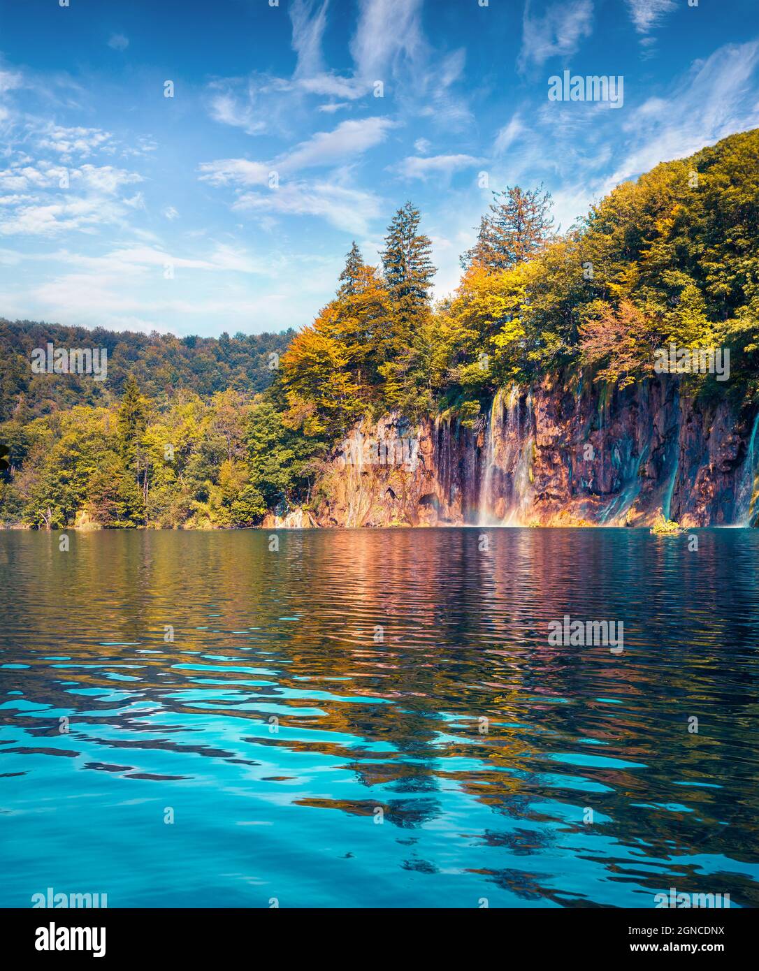 Sunny summer scene in Plitvice Lakes National Park. Pure water ...