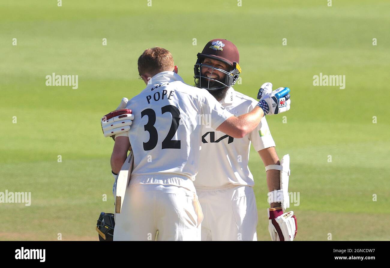 24 September, 2021. London, UK. Surrey’s Ollie Pope reaches 200 and ...